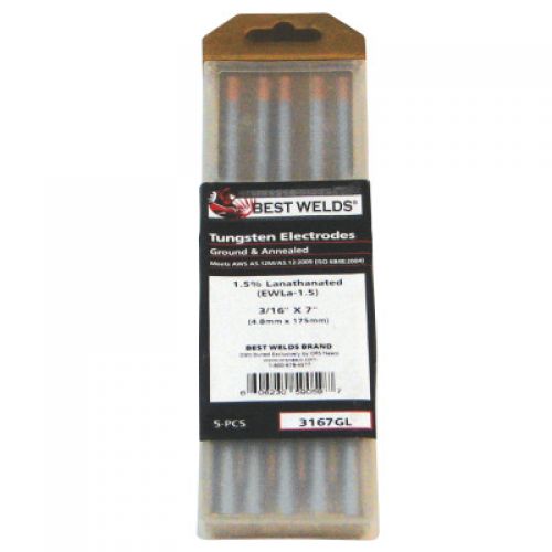 Tungsten Electrode, 2% Lanthanated, 7 in, Size 3/16, 5/PK